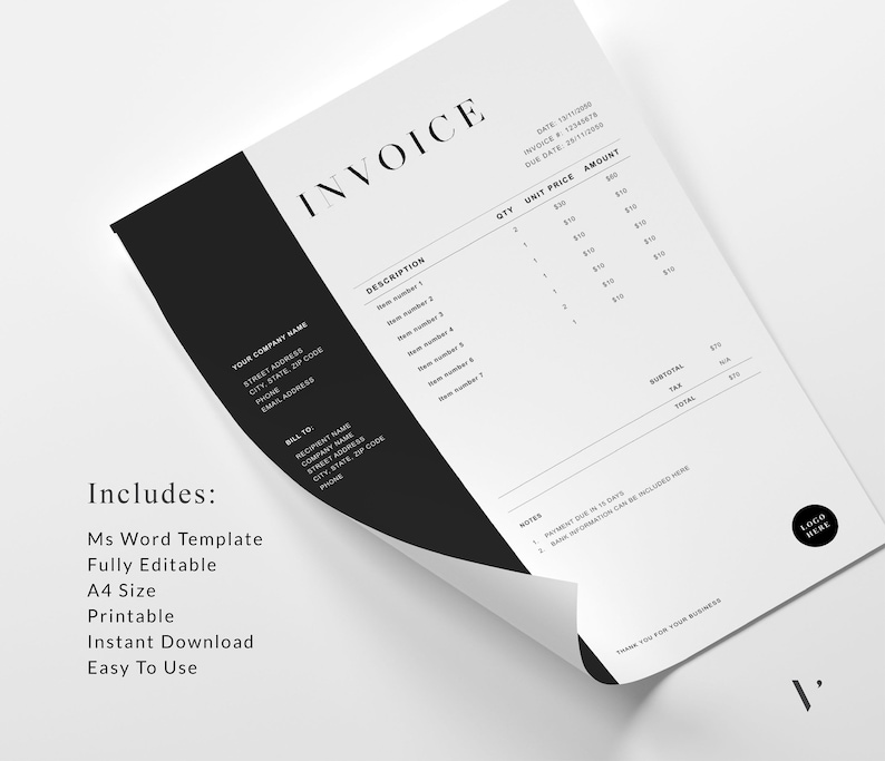 Invoice Template Word | Printable Invoice | Custom Order Forms ...
