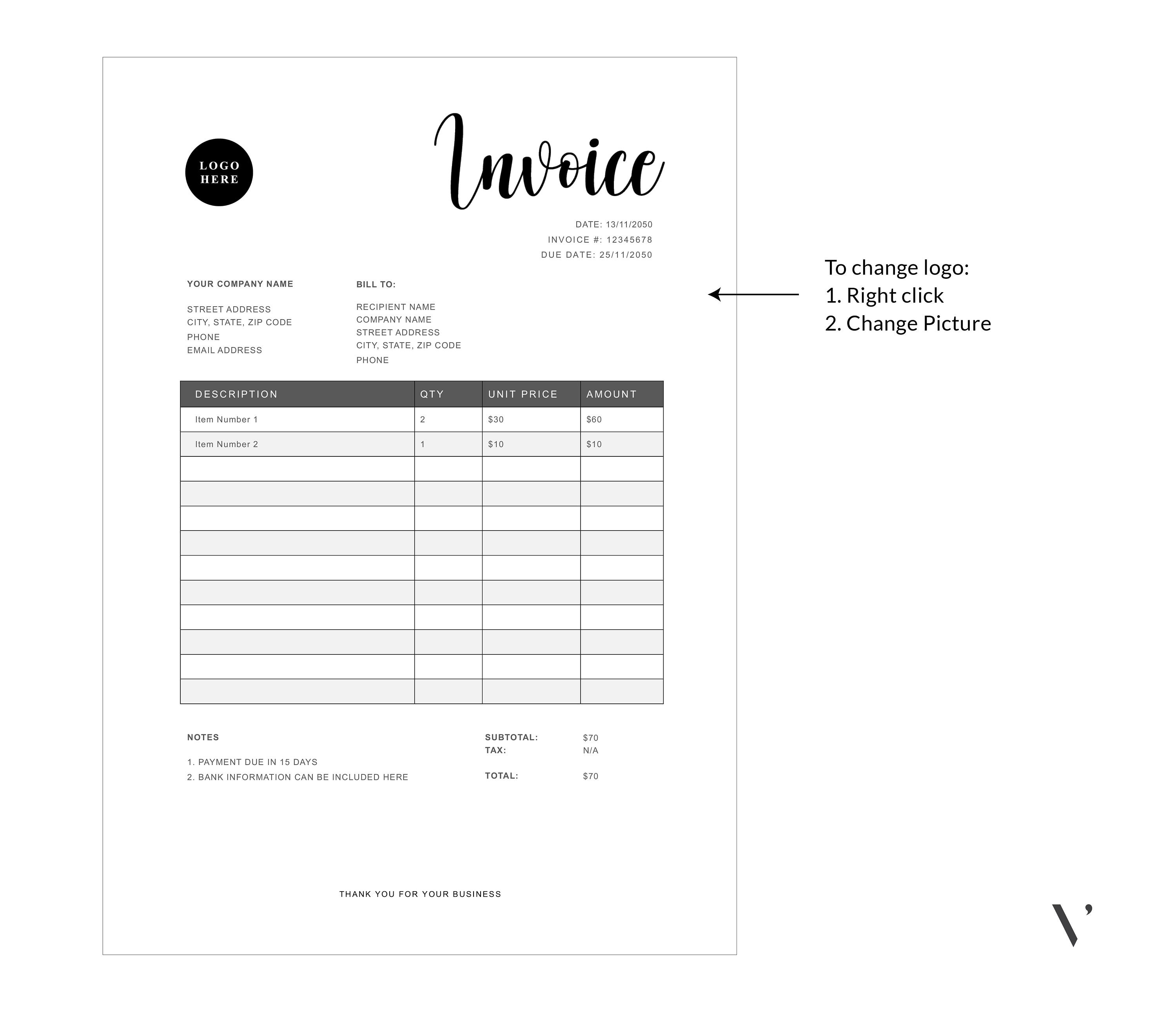 Invoice Template Word Printable Invoice Custom Order Forms Business ...