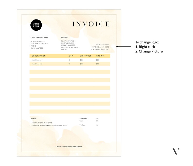 Editable Invoice Template | Watercolor Design, Printable Billing Form ...