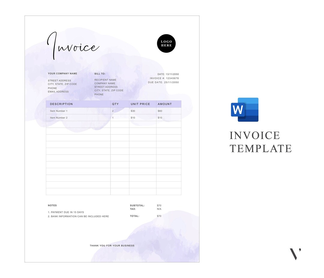 Watercolor Invoice Template | MS Word, Printable (digital Download) - Etsy