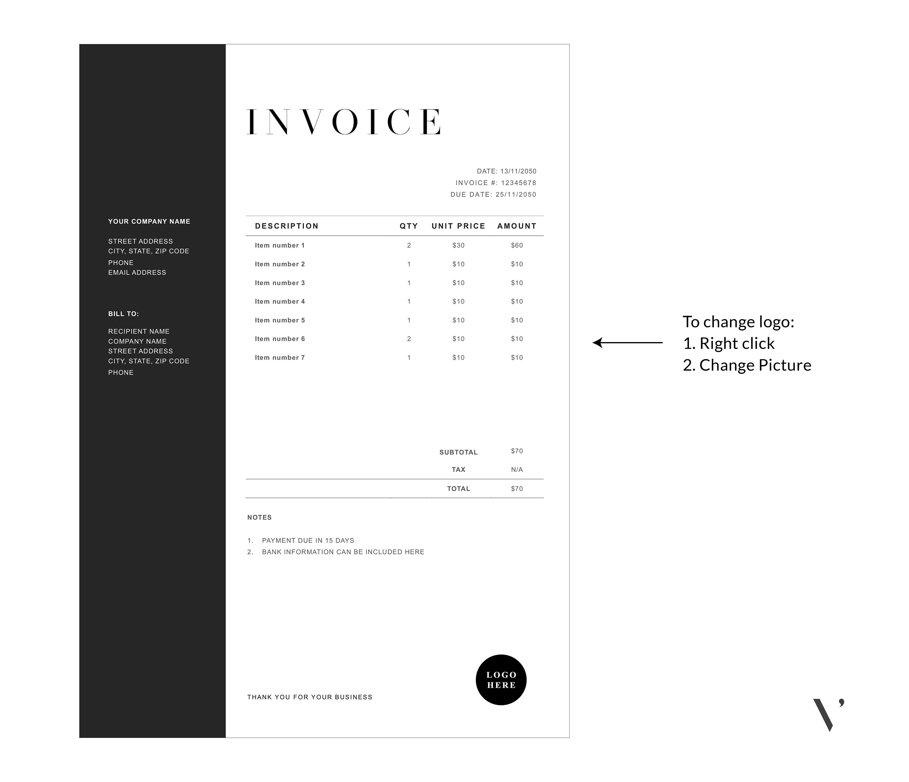Invoice Template Word | Printable Invoice | Custom Order Forms ...