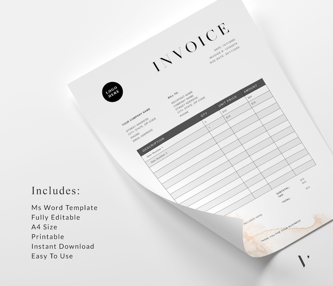 Invoice Template Word | Printable Invoice | Custom Order Forms ...