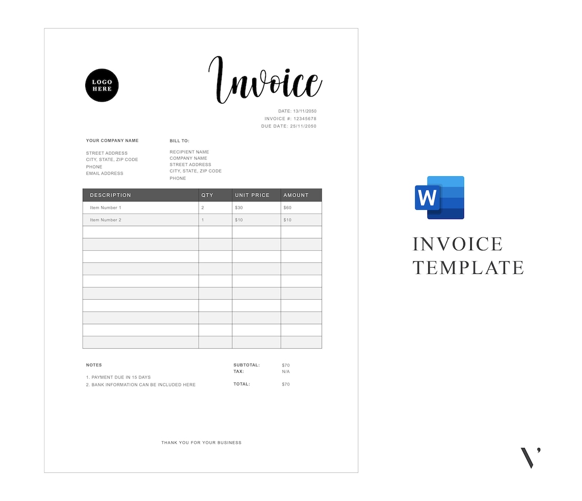 Invoice Template Word Printable Invoice Custom Order Forms Business ...