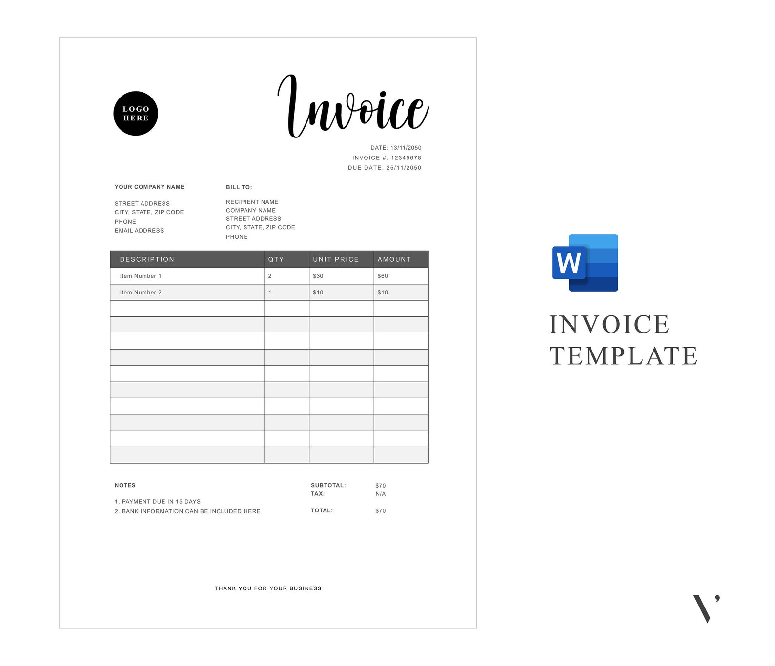 Invoice Template Word Printable Invoice Custom Order Forms Business ...