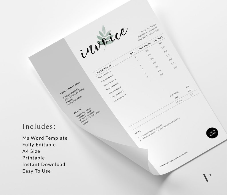 Invoice Template Word Printable Invoice Custom Order Forms Business ...