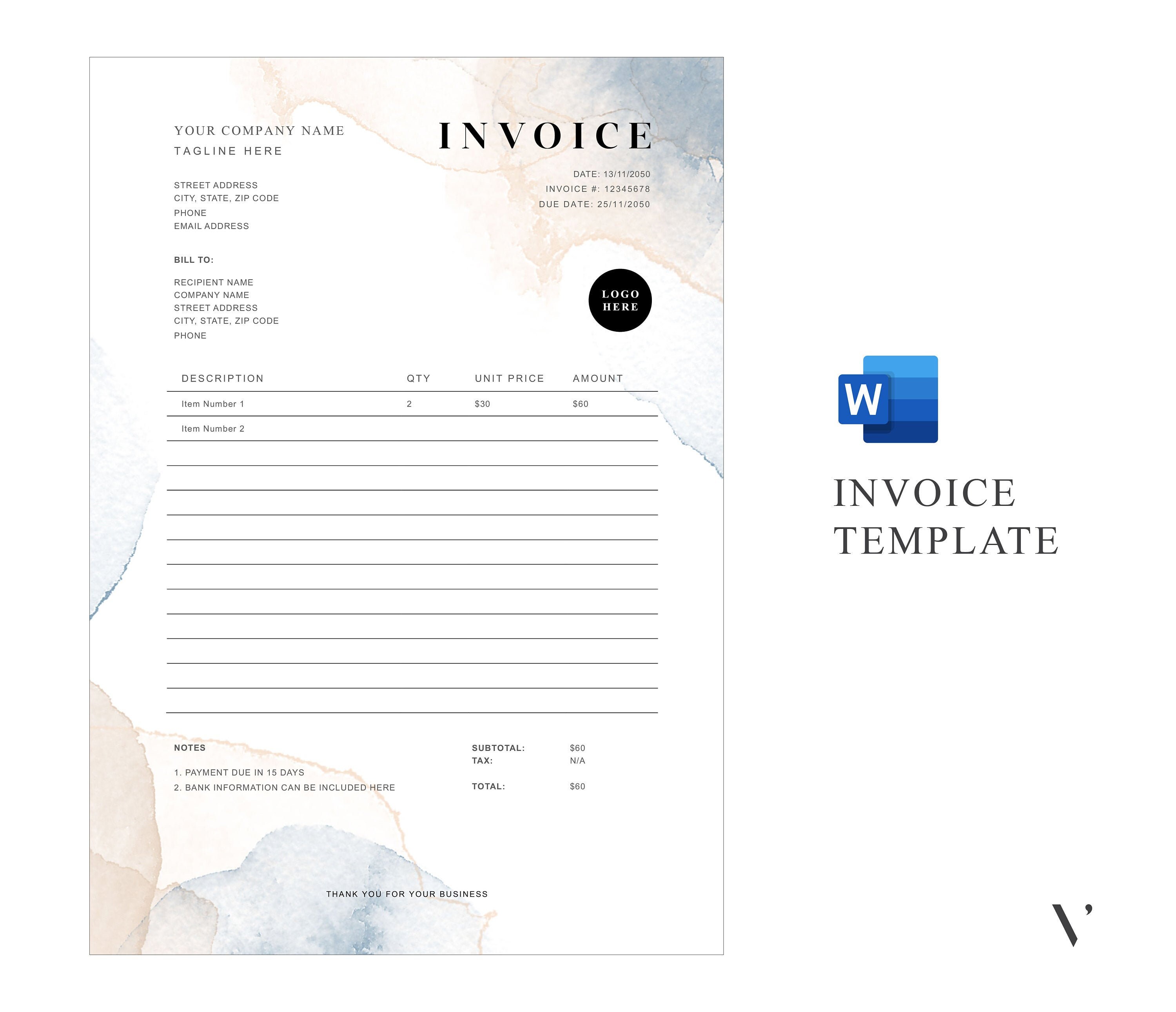 Invoice Template Word | Printable Invoice | Custom Order Forms ...