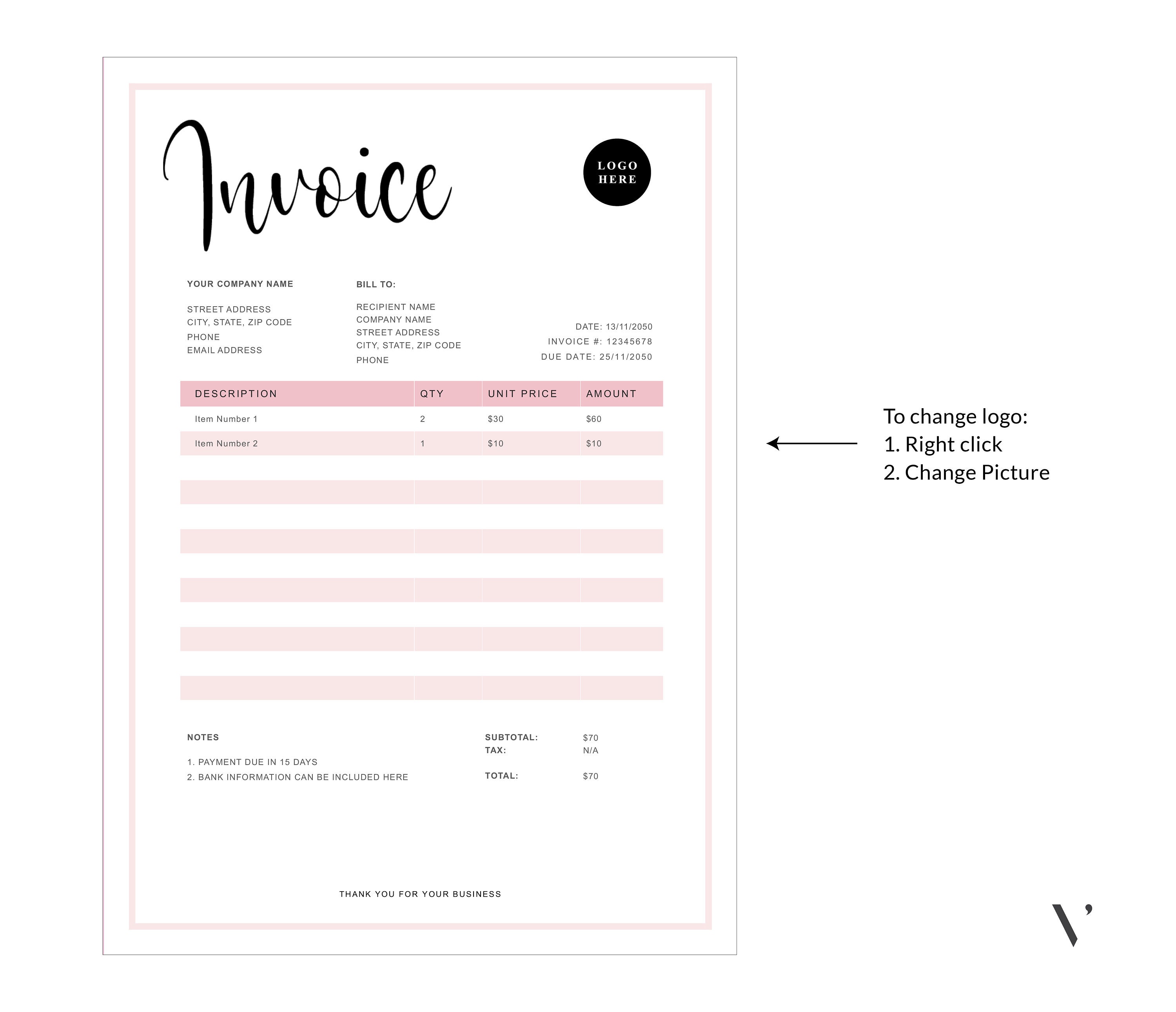 Invoice Template Word Printable Invoice Custom Order Forms Business ...