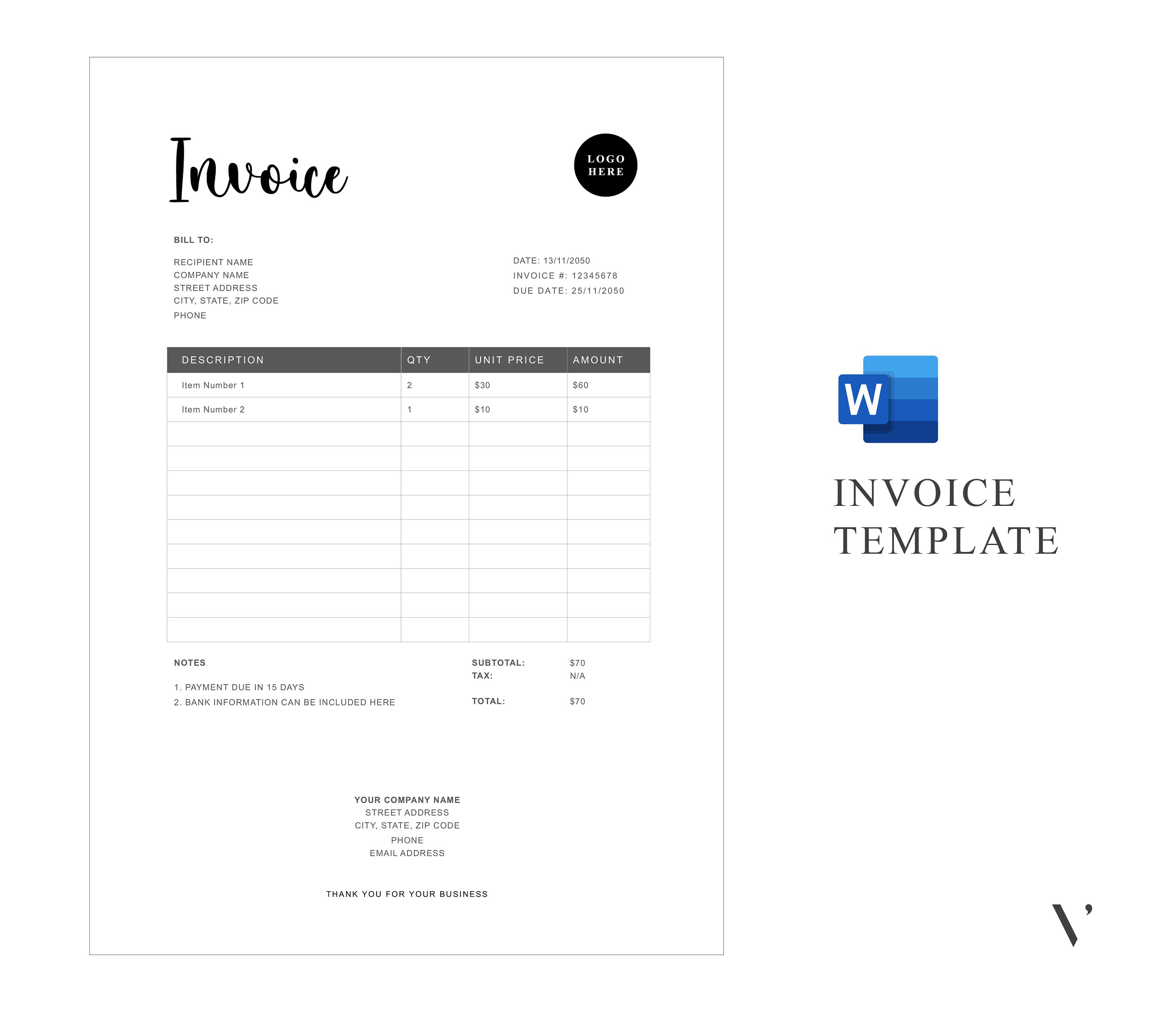 Plantilla de factura Word / Factura imprimible / Formularios de pedido ...