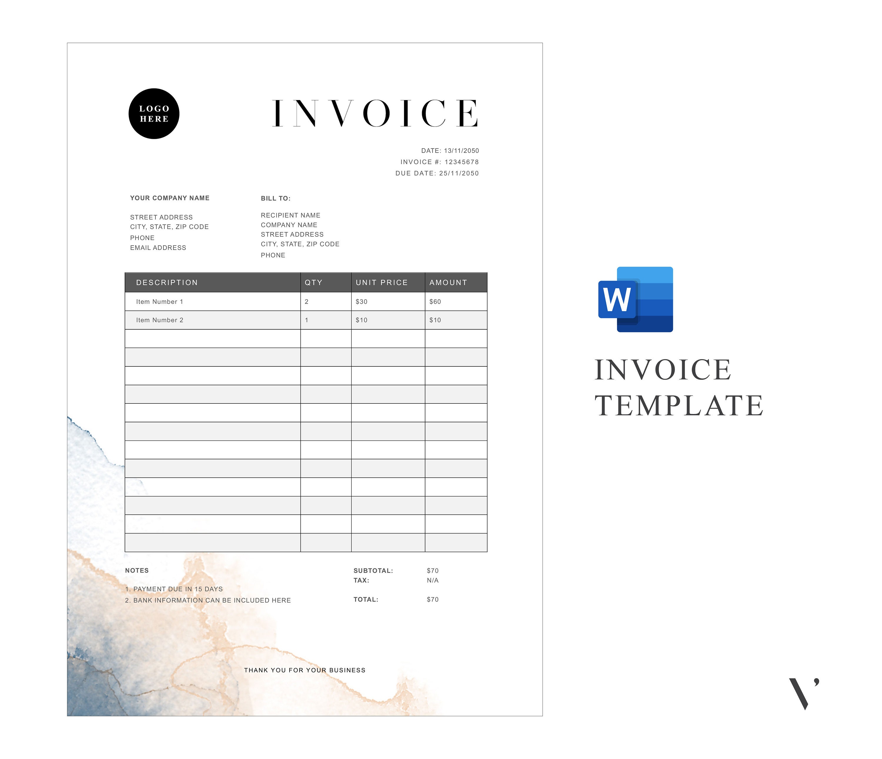 Invoice Template Word | Printable Invoice | Custom Order Forms ...