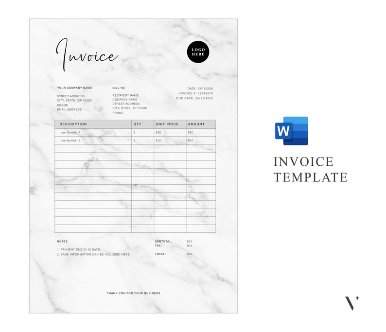 Editable Invoice Template | Elegant Marble Design (MS Word) - Etsy ...