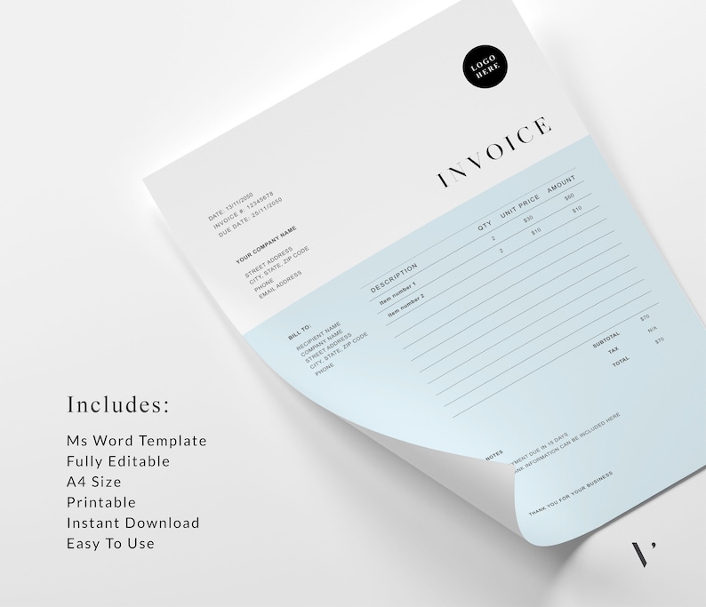 Invoice Template Word Printable Invoice Custom Order Forms - Etsy
