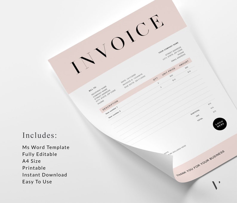 Feminine Invoice Template | MS Word, Printable (A4) - Etsy Australia