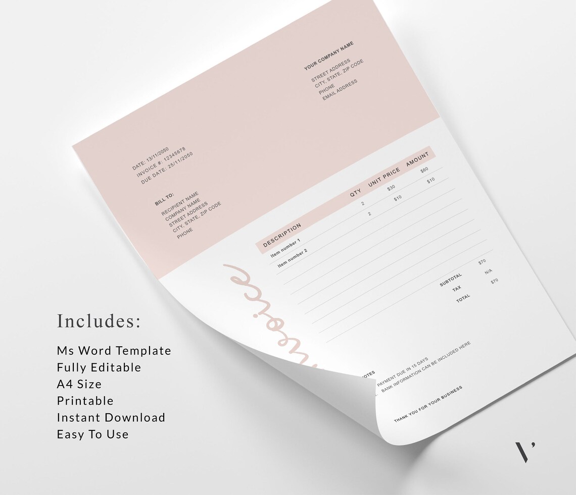 Invoice Template Word Printable Invoice Custom Order Forms | Etsy