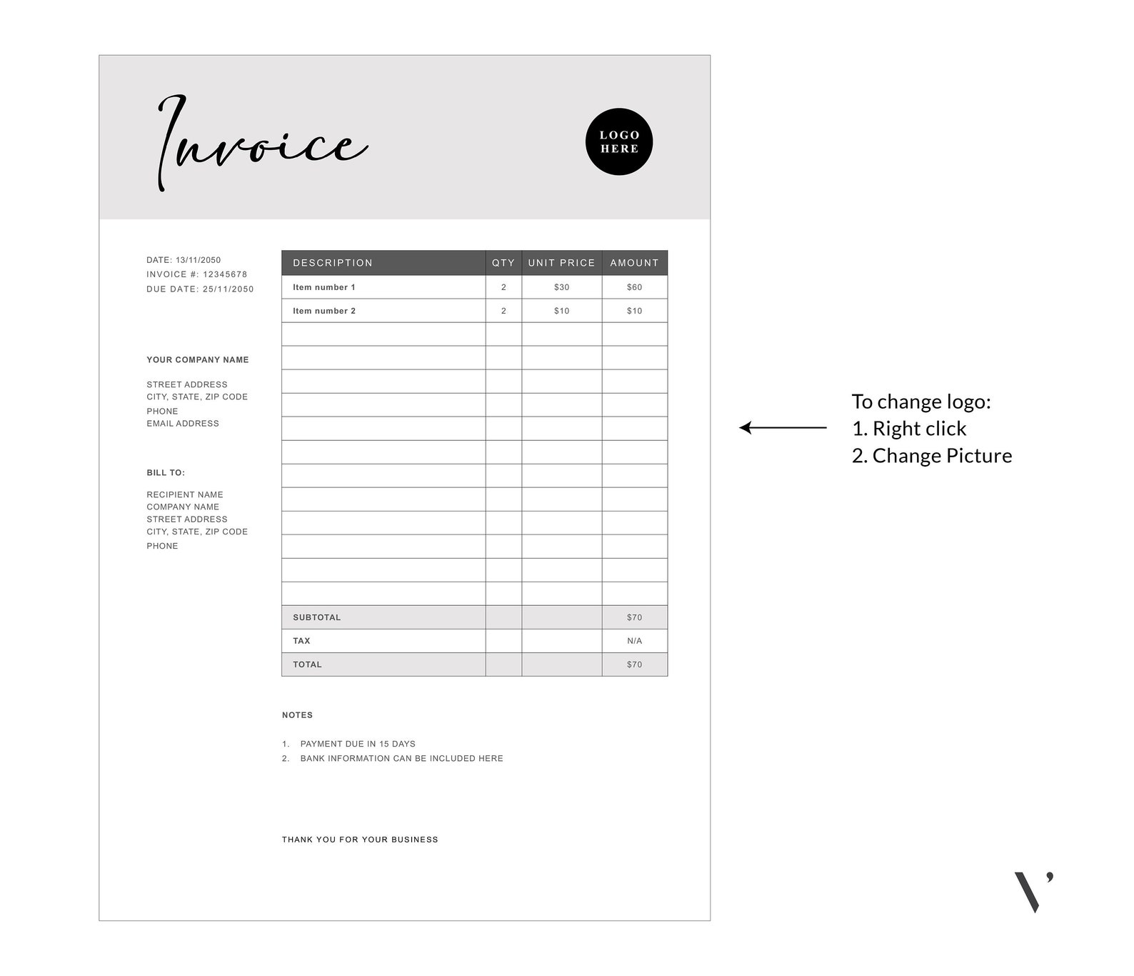 Invoice Template Word Printable Invoice Custom Order Forms Business ...