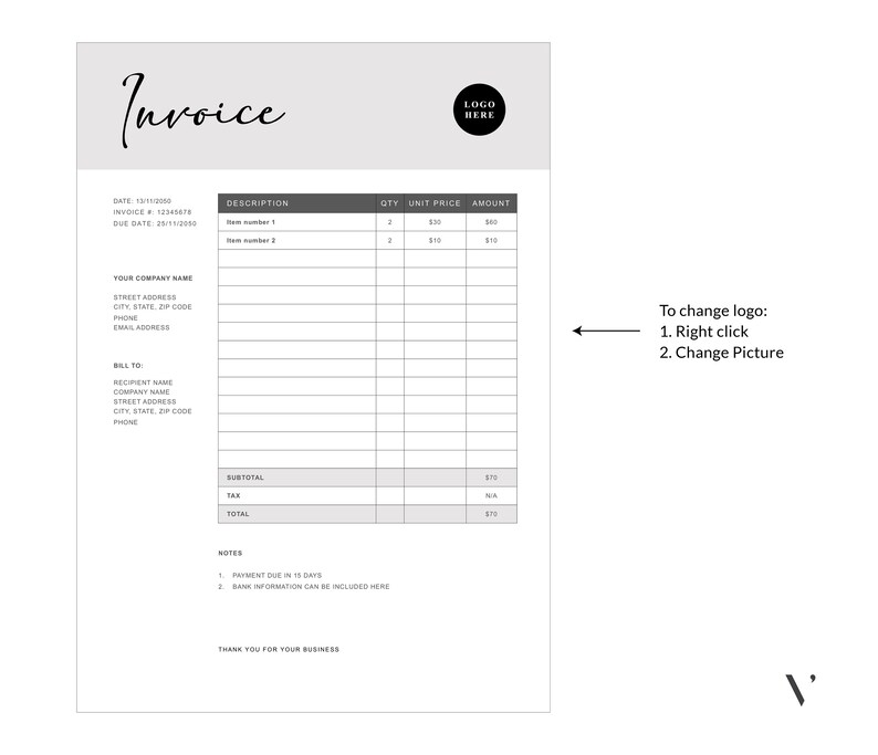 Invoice Template Word Printable Invoice Custom Order Forms Business ...