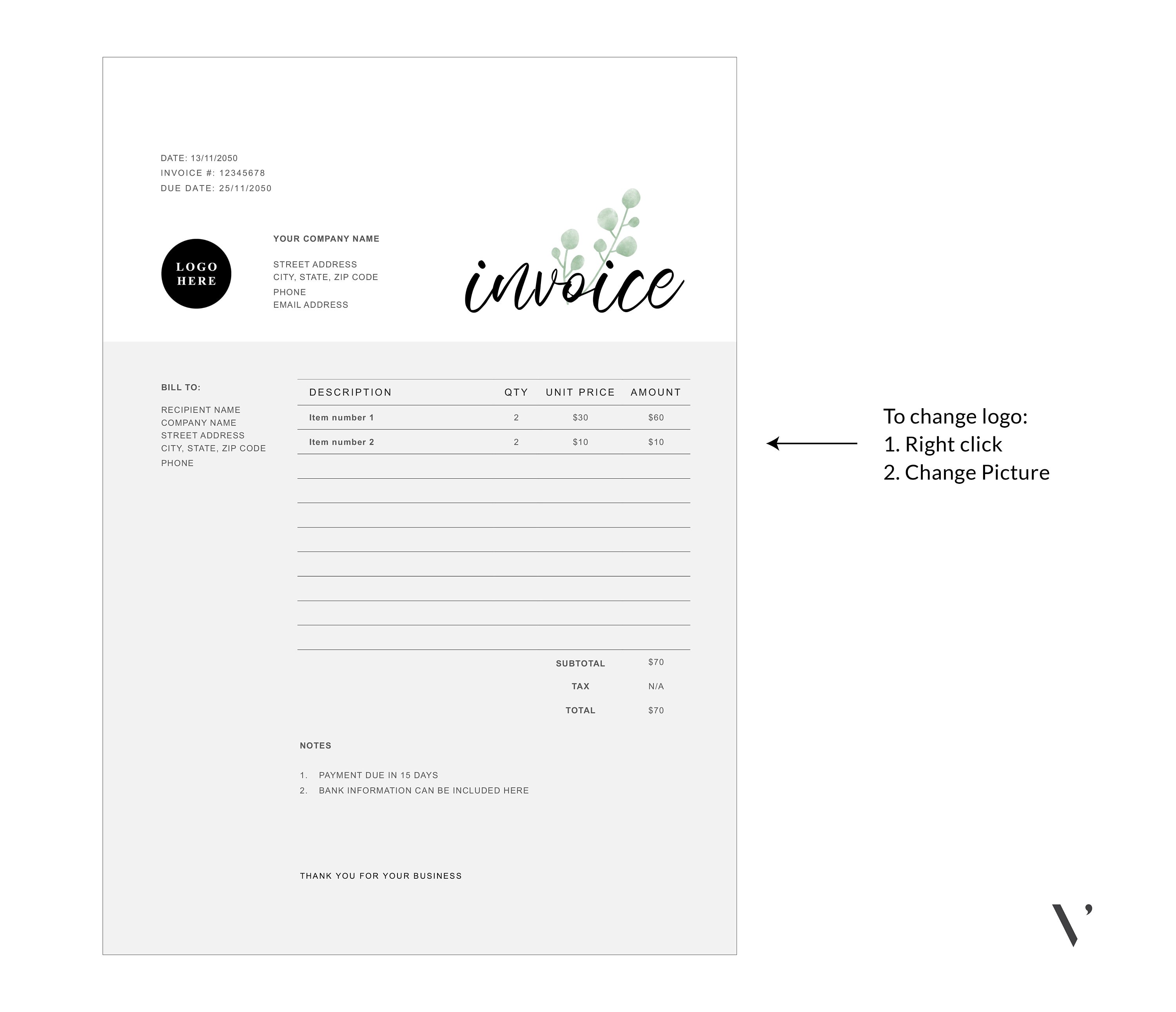Invoice Template Word | Printable Invoice | Custom Order Forms ...