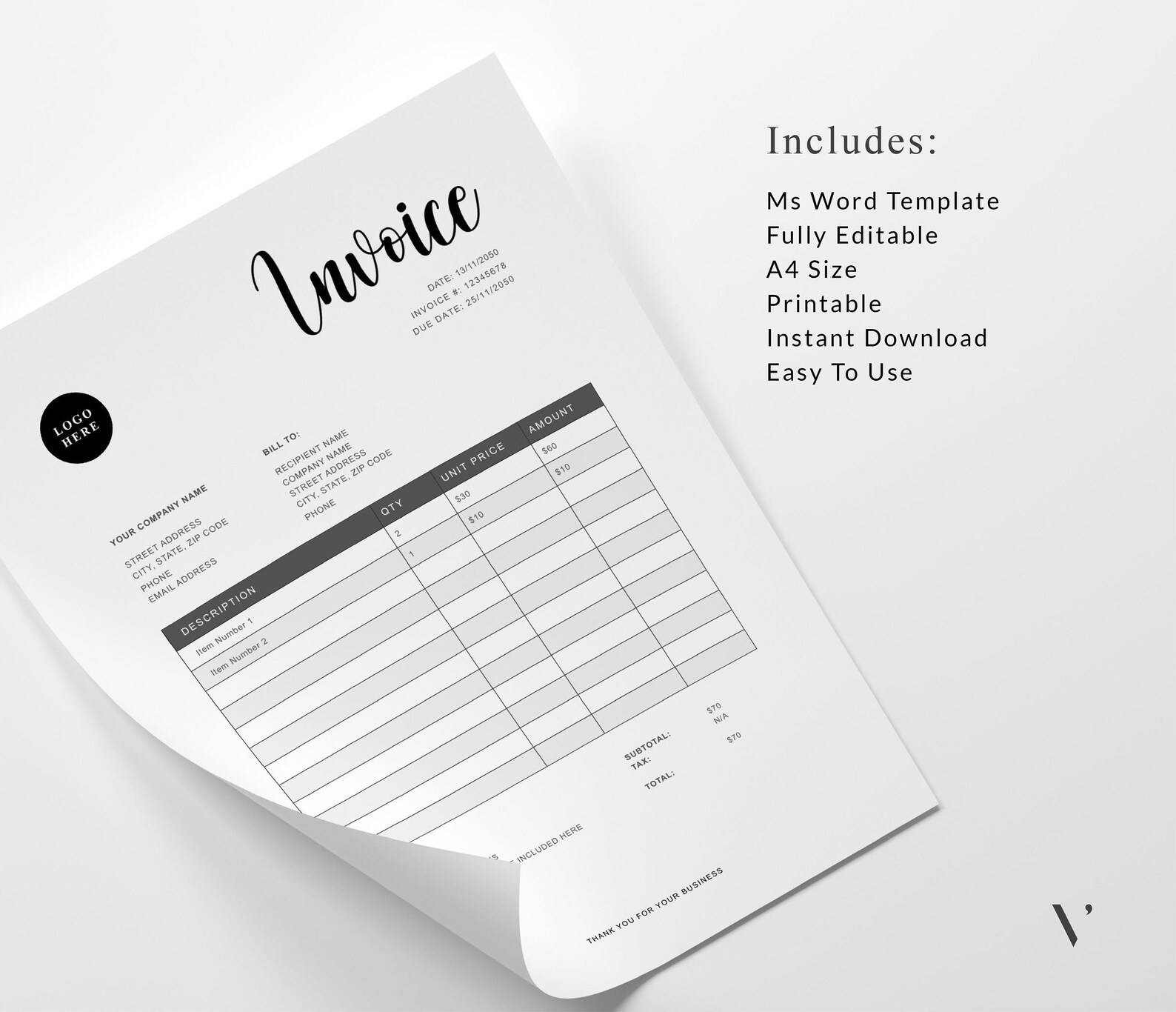 Invoice Template Word Printable Invoice Custom Order Forms - Etsy