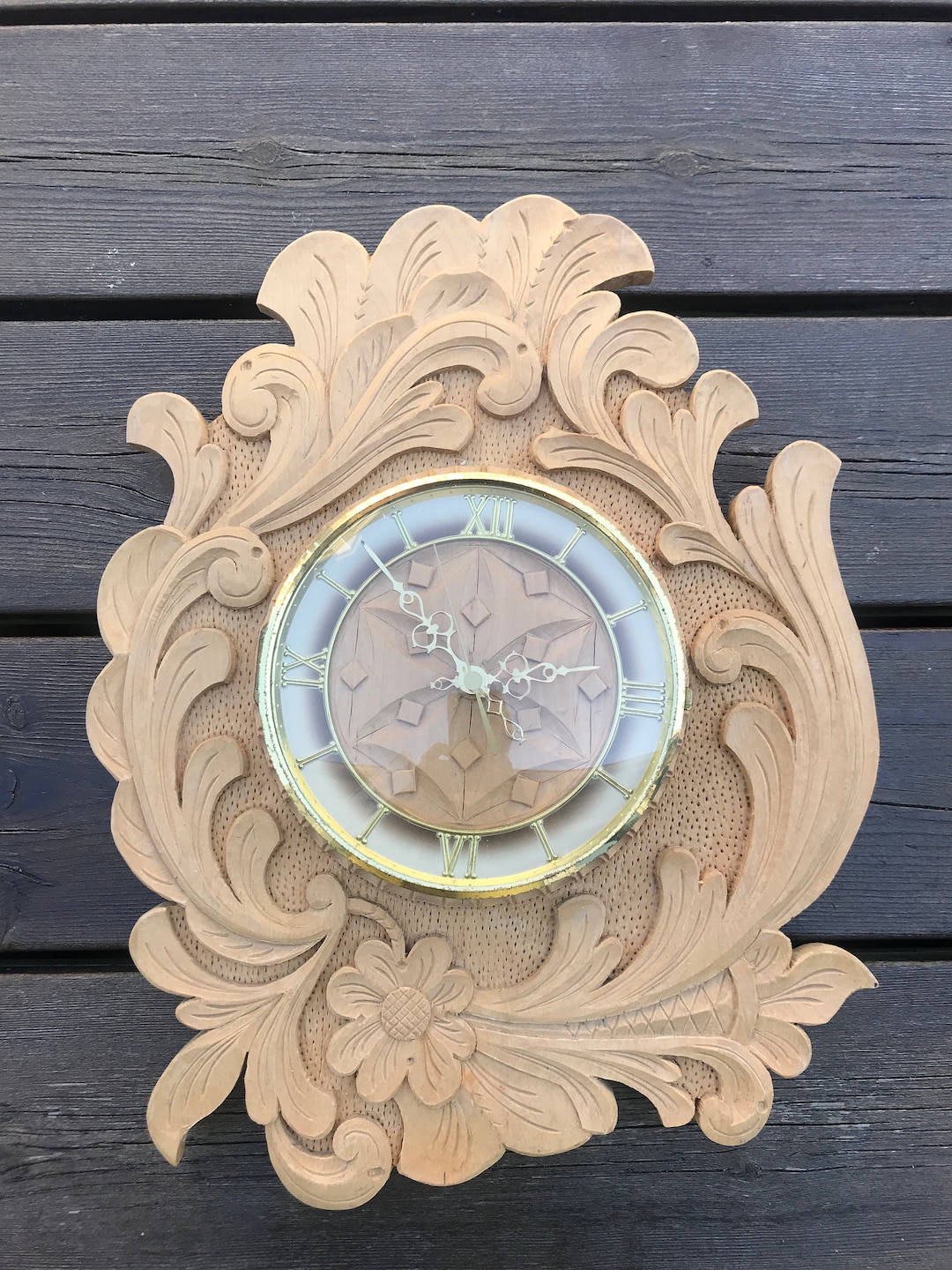 Vintage Norwegian Handmade Deep Wood Carving Clock, Viking Wood Carving ...