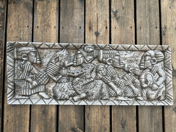 African Bas-Relief, Vintage African Style Carved Wood… - Gem