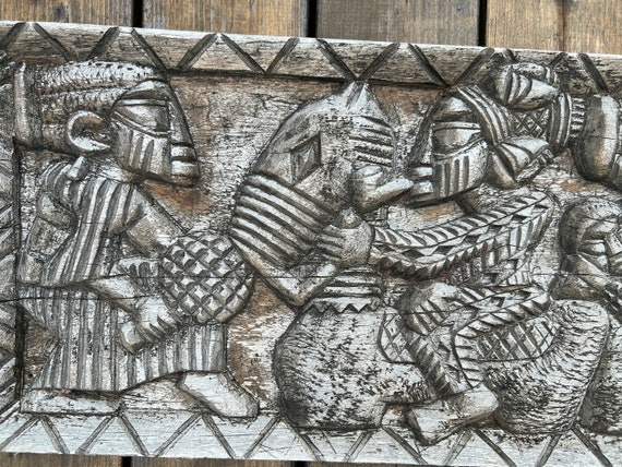 African Bas-Relief, Vintage African Style Carved Wood… - Gem