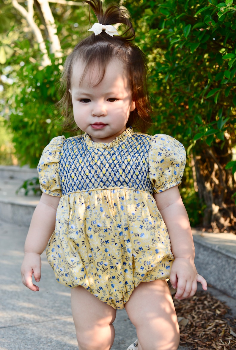 Yellow Floral Girls Smocked Dress/romper Kids Occasional Outfit Spring ...