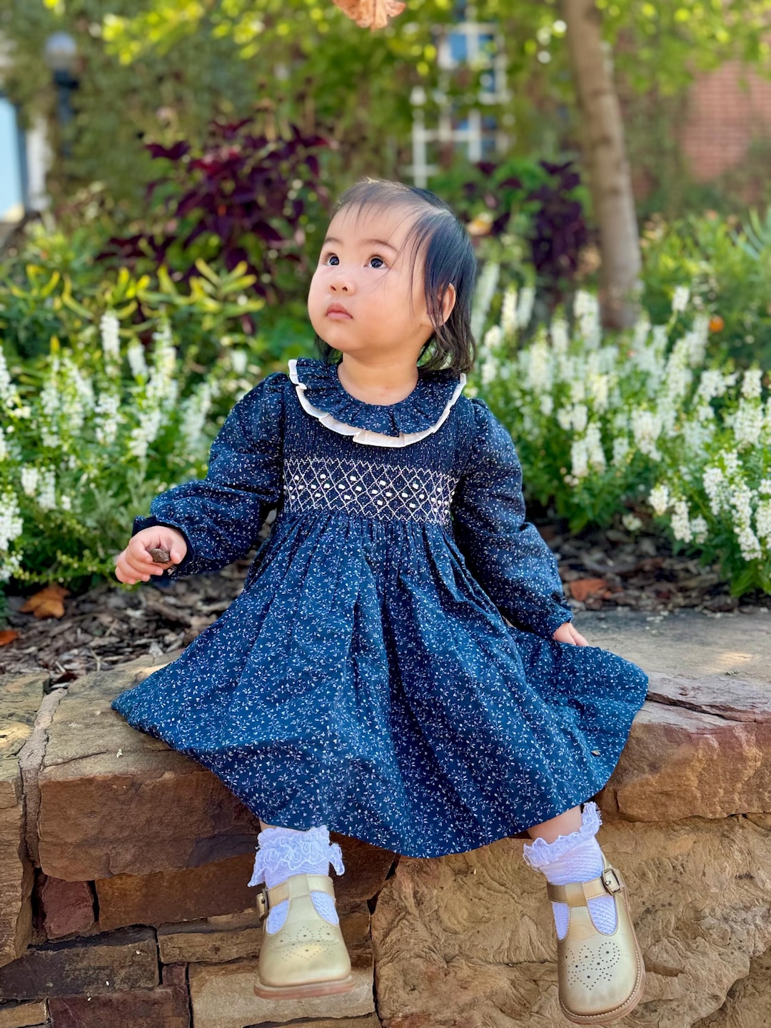 Girls Vintage Hand Smocked Linen Dress: Navy Floral Smocking Outfit - Etsy