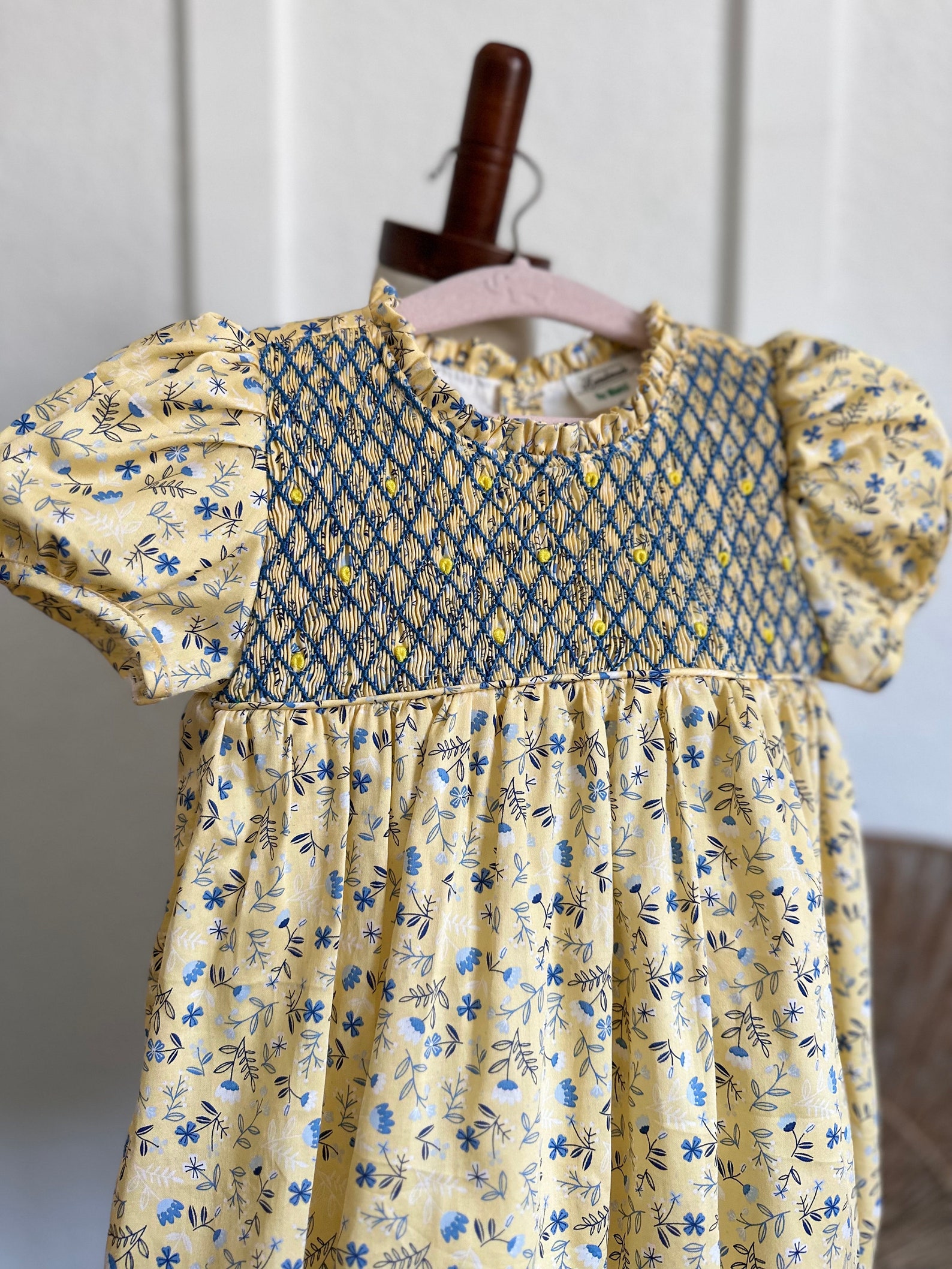 Yellow Floral Girls Smocked Dress/romper Kids Occasional Outfit Spring ...