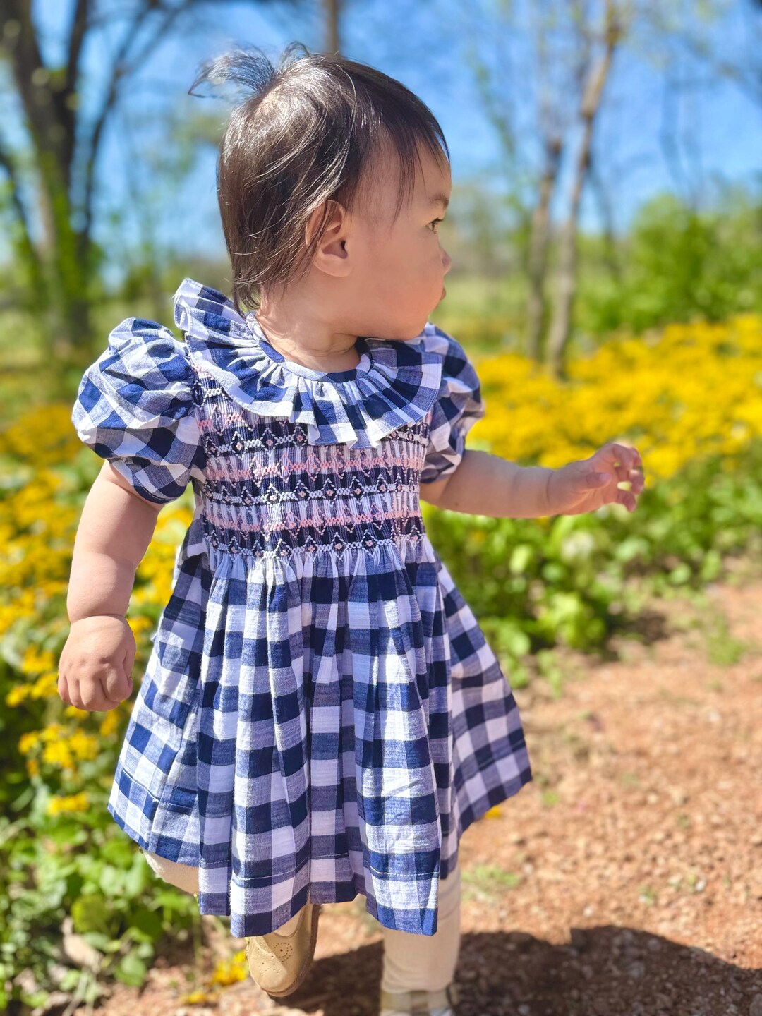 Hand Smocking Girls Dress- Navy Gingham Smocking Dress- Ruffle Dress ...