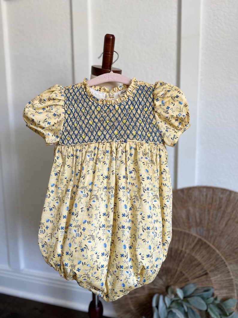 Yellow Floral Girls Smocked Dress/romper Kids Occasional Outfit Spring ...