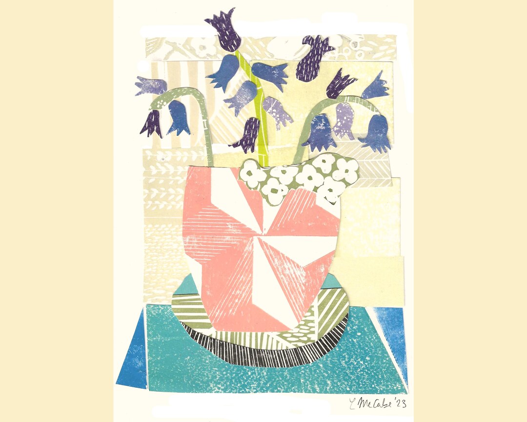Original Linocut Collage Bluebells Original Collage Art Still - Etsy