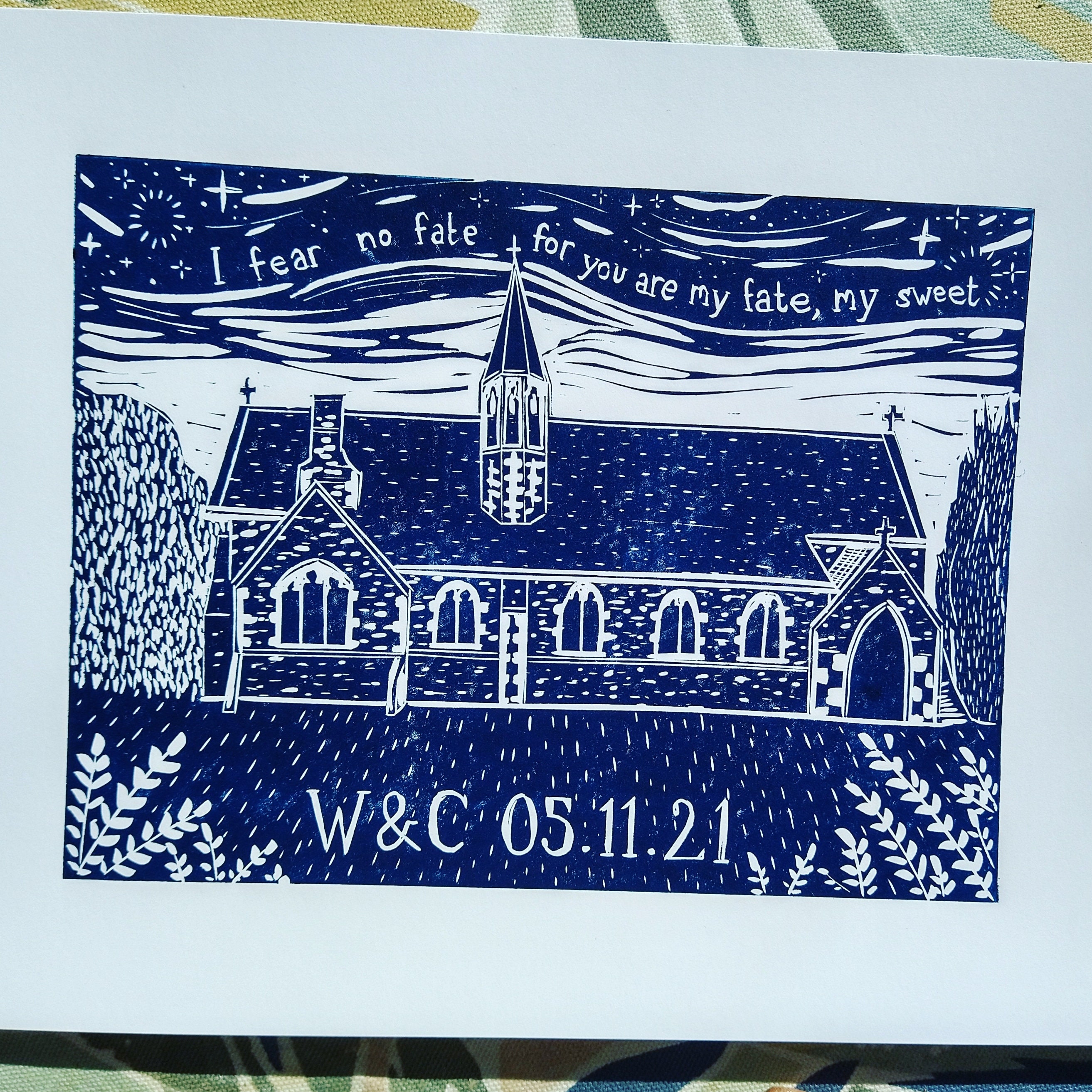 Linocut Custom Wedding Print Personalised Wedding Venue - Etsy UK