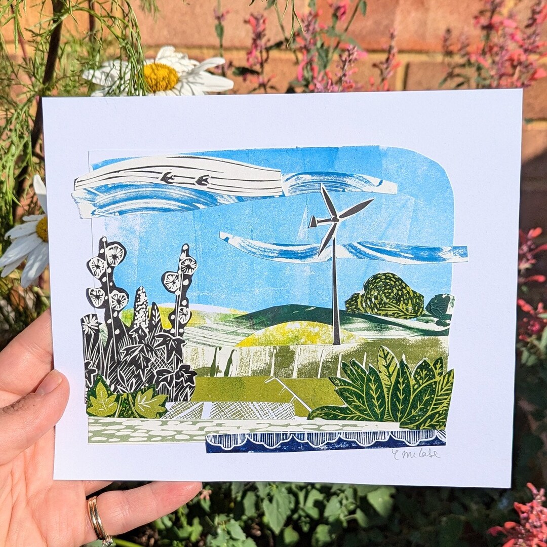 Original Collage Landscape With Cottage Linocut Collage Lino Print With ...