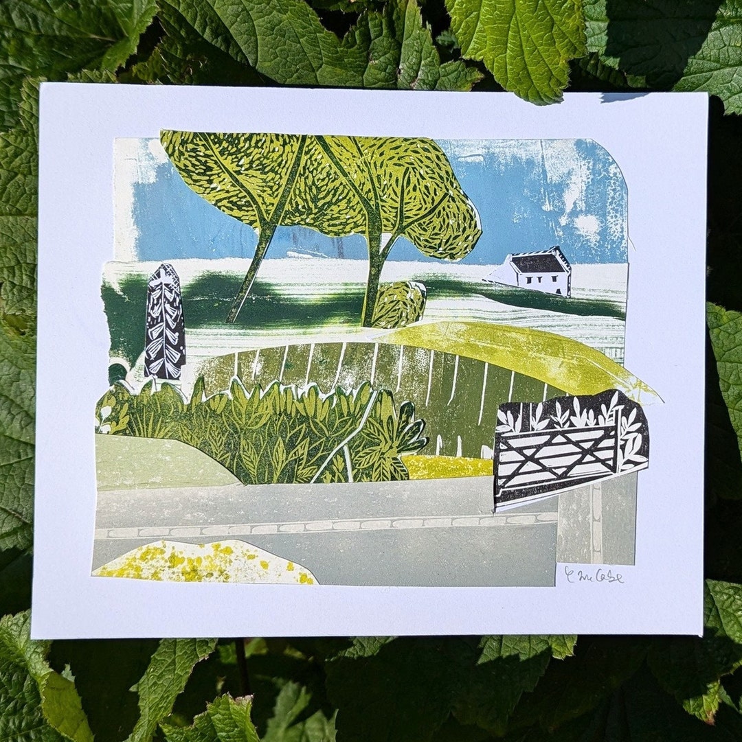 Original Collage Landscape With Cottage Linocut Collage Lino Print With ...