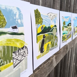 Original Collage Landscape With Cottage Linocut Collage Lino Print With ...