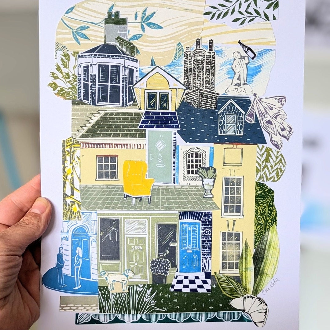 Original Linocut Collage Art House Portrait Lino Print Collage Original ...