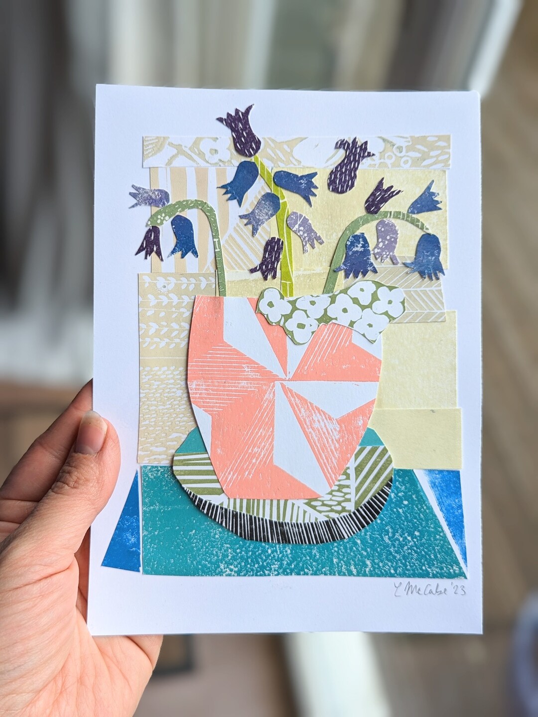 Original Linocut Collage Bluebells Original Collage Art Still Life ...