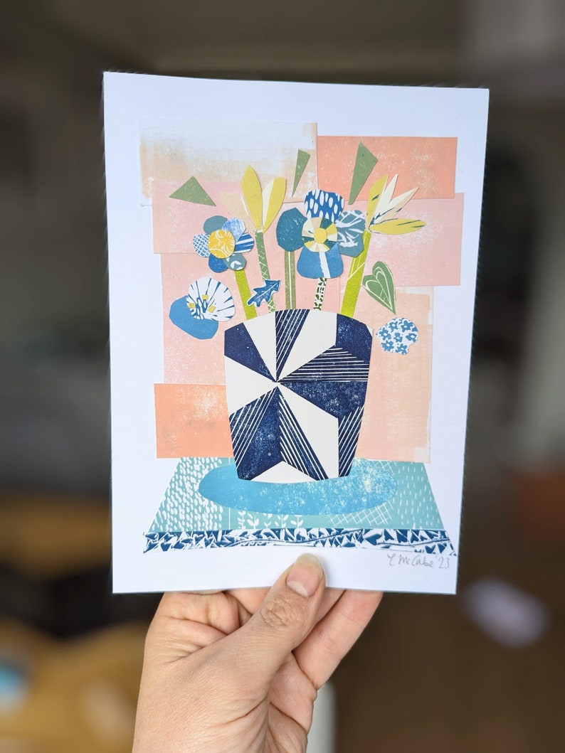 Original Linocut Collage Blue Flowers Original Collage Art - Etsy