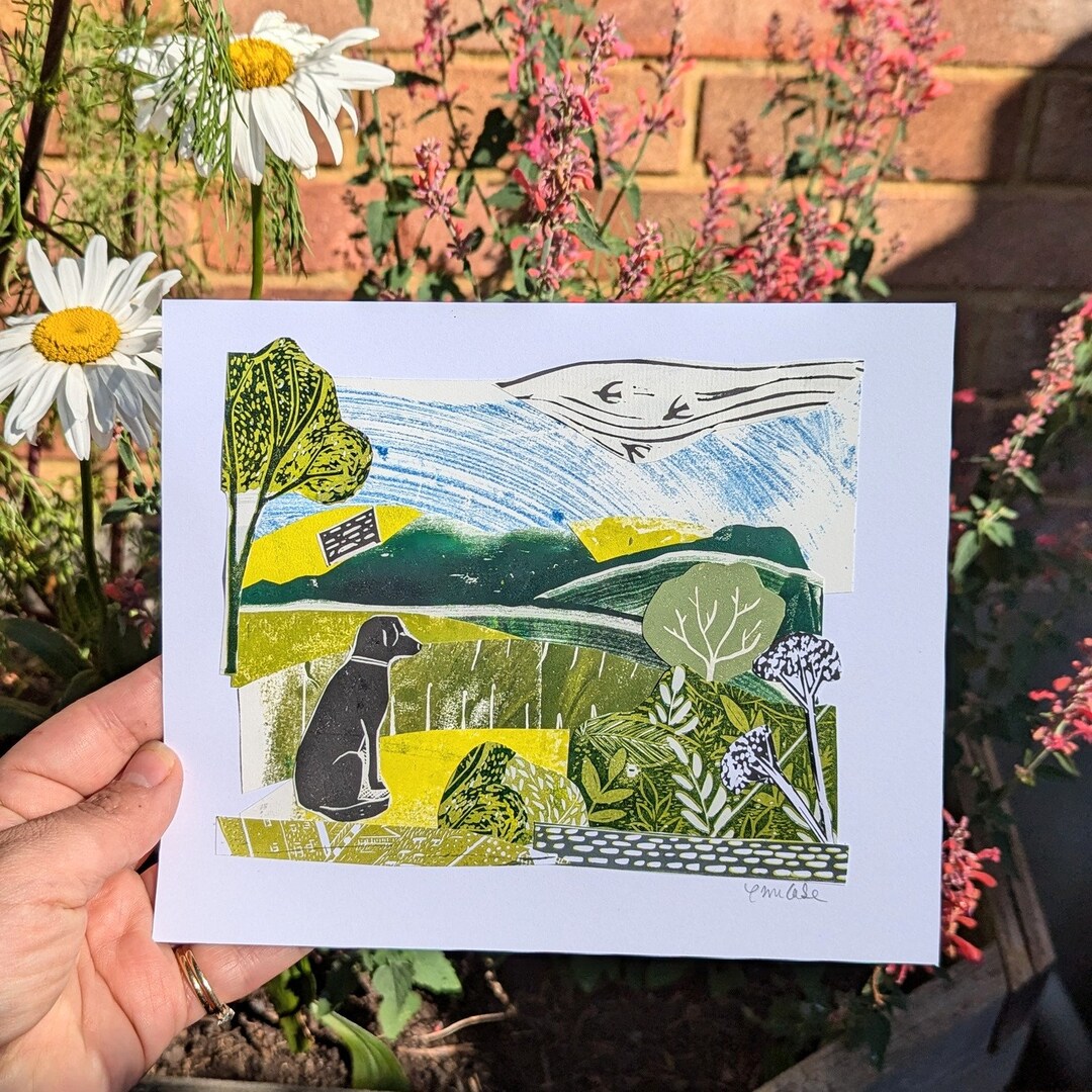 Original Collage Landscape With Dog Linocut Collage Lino Print With Dog ...