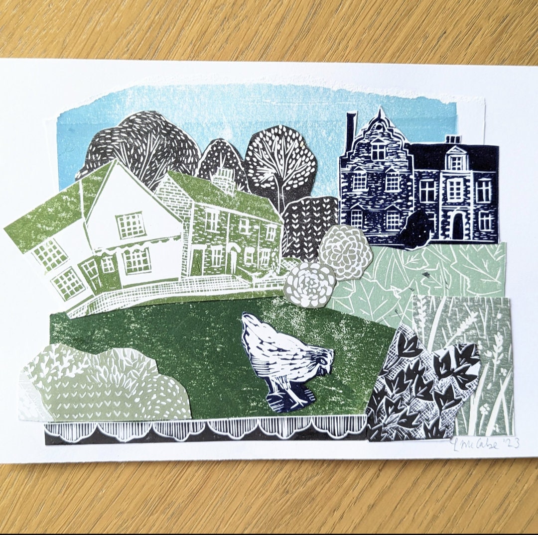 Original Collage With Chickens Linocut Chicken Art Lino Print Chicken ...