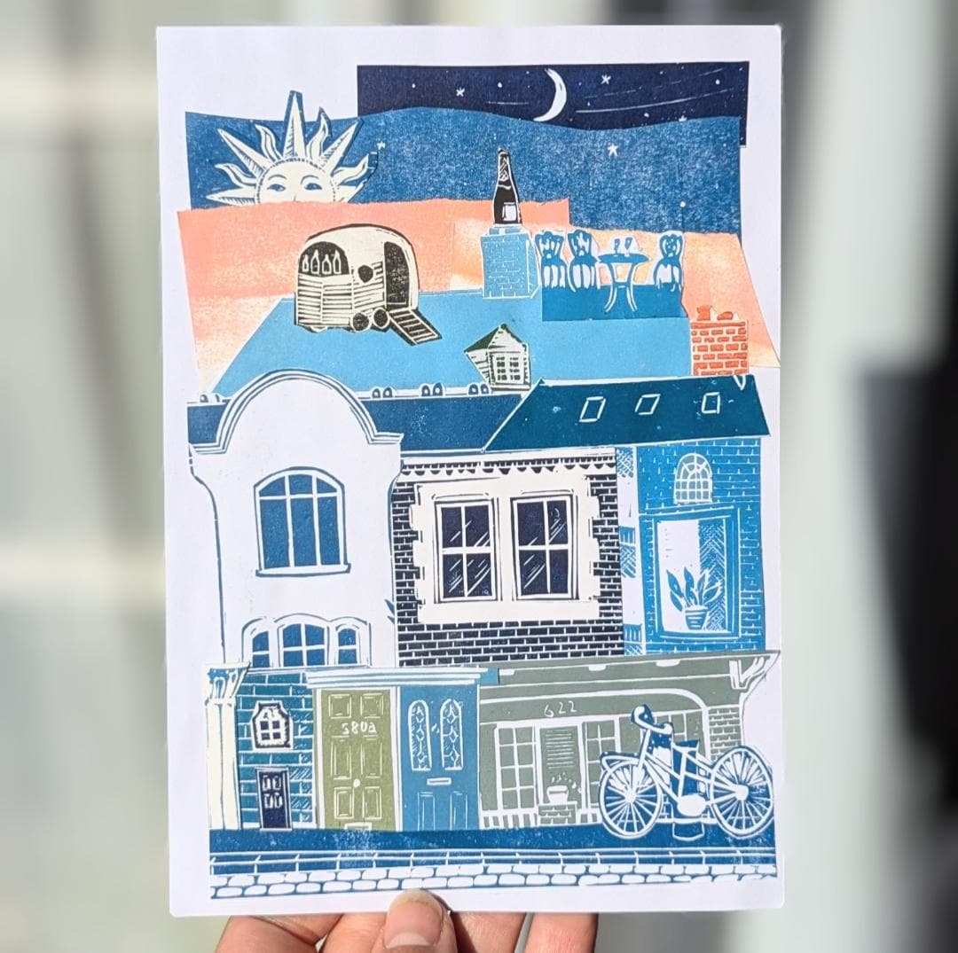 Original Linocut Collage Roof Party A5 Lino Print Collage Art House ...