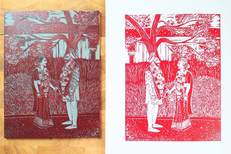 Linocut Custom Wedding Portrait Lino Custom Couple Portrait - Etsy