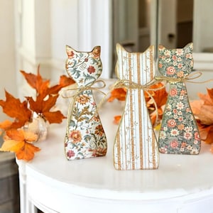 Wood Cat Home Accents, Fall Cottagecore Cat Decor, Floral Wooden Cat ...