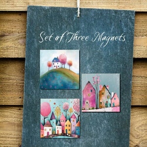 Summer Cottage Wood Magnet Trio, Pastel Landscape, Whimsical Magnets ...