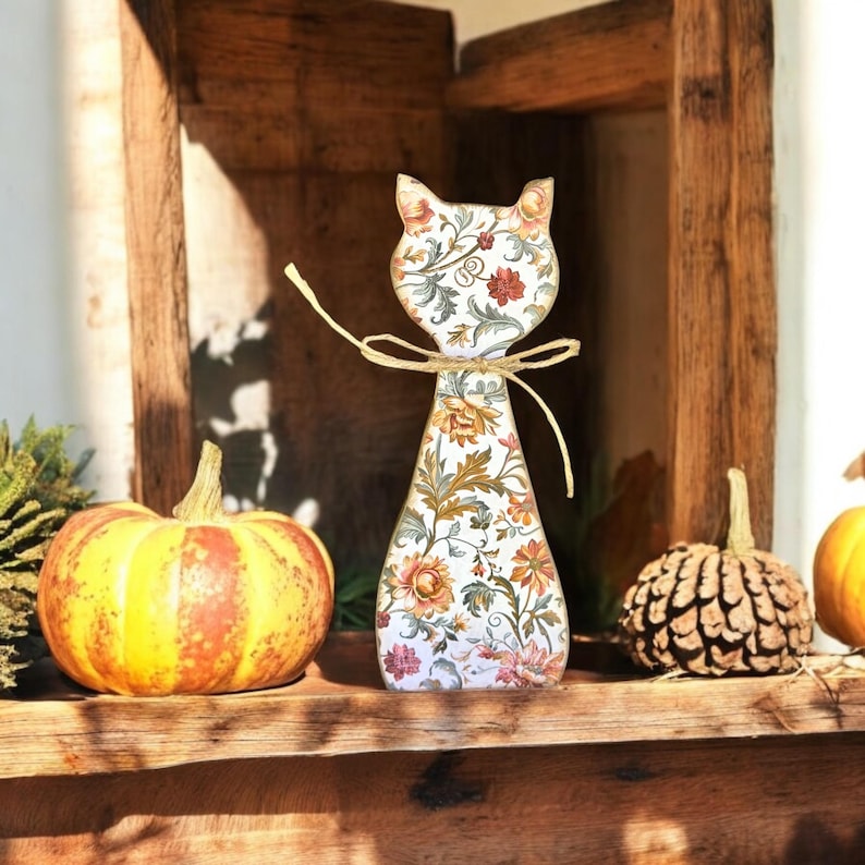 Wood Cat Home Accents, Fall Cottagecore Cat Decor, Floral Wooden Cat ...
