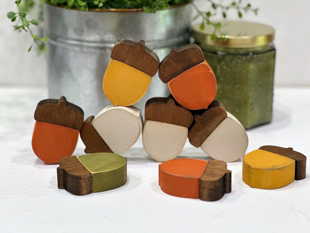Mini Wood Acorns, Rustic Fall Acorn Decor, Farmhouse Autumn Tiered Tray ...