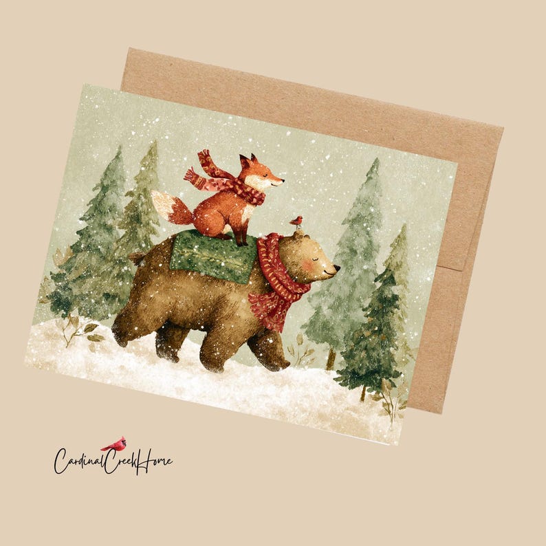 Woodland Friends Christmas Notecard Set – Bear & Fox Winter Scene, Set ...
