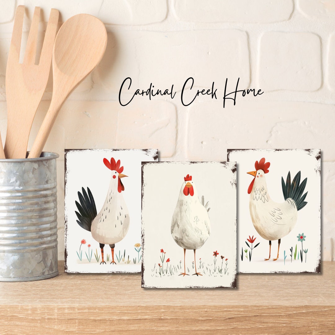 Wood Block Chicken Signs, Whimsical Chicken Art, Kitchen Decor ...