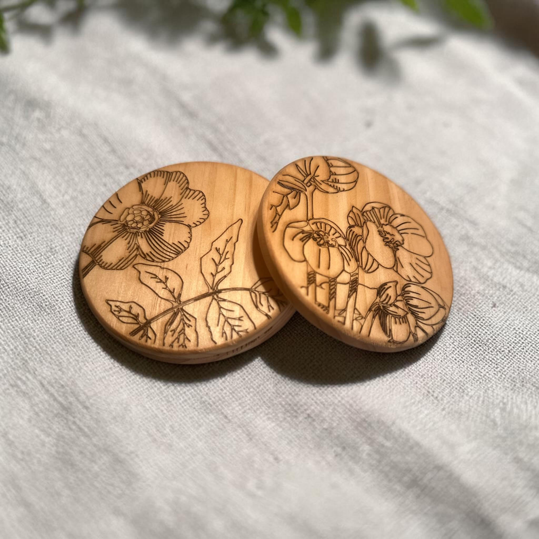 Floral Engraved Wood Coasters Set of 4, Rustic Wooden Coaster Set ...