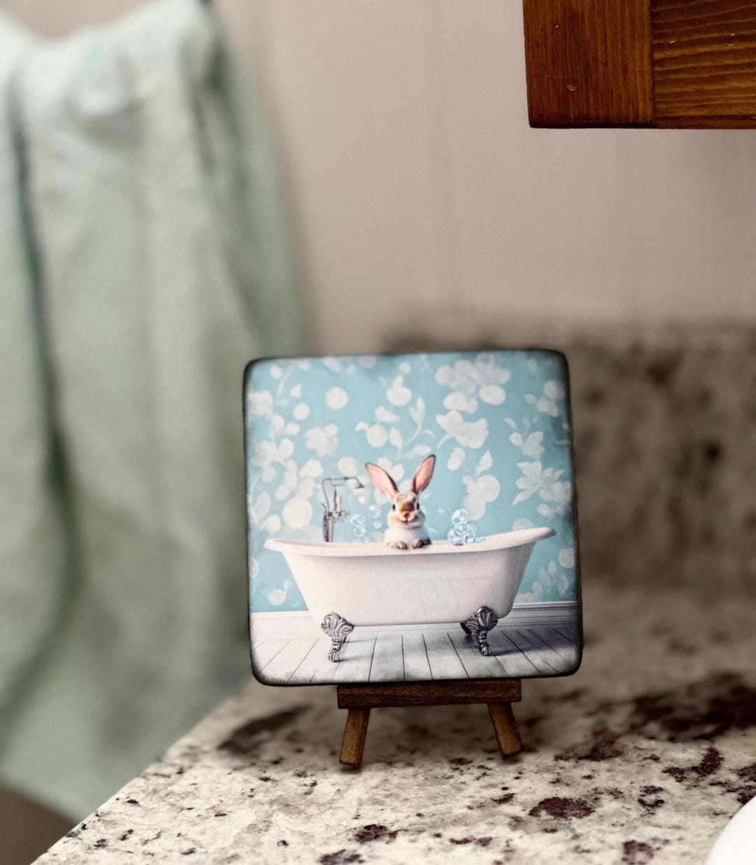 Bathing Bunny Wood Sign With Easel, Whimsical Rabbit Art for Bathroom ...