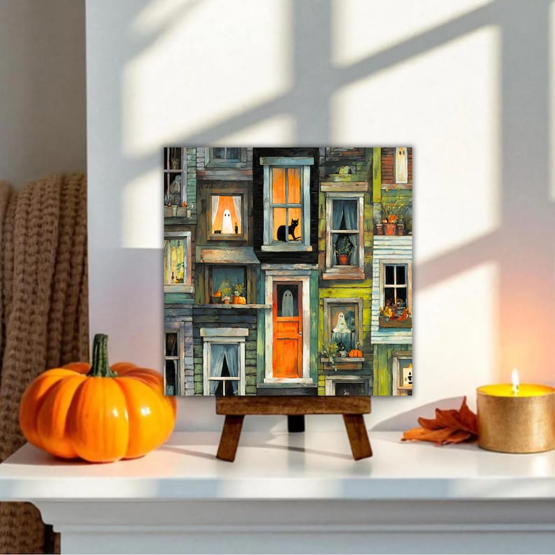 Halloween Folk Art Wood Sign – Ghosts & Black Cat Window Scene With ...